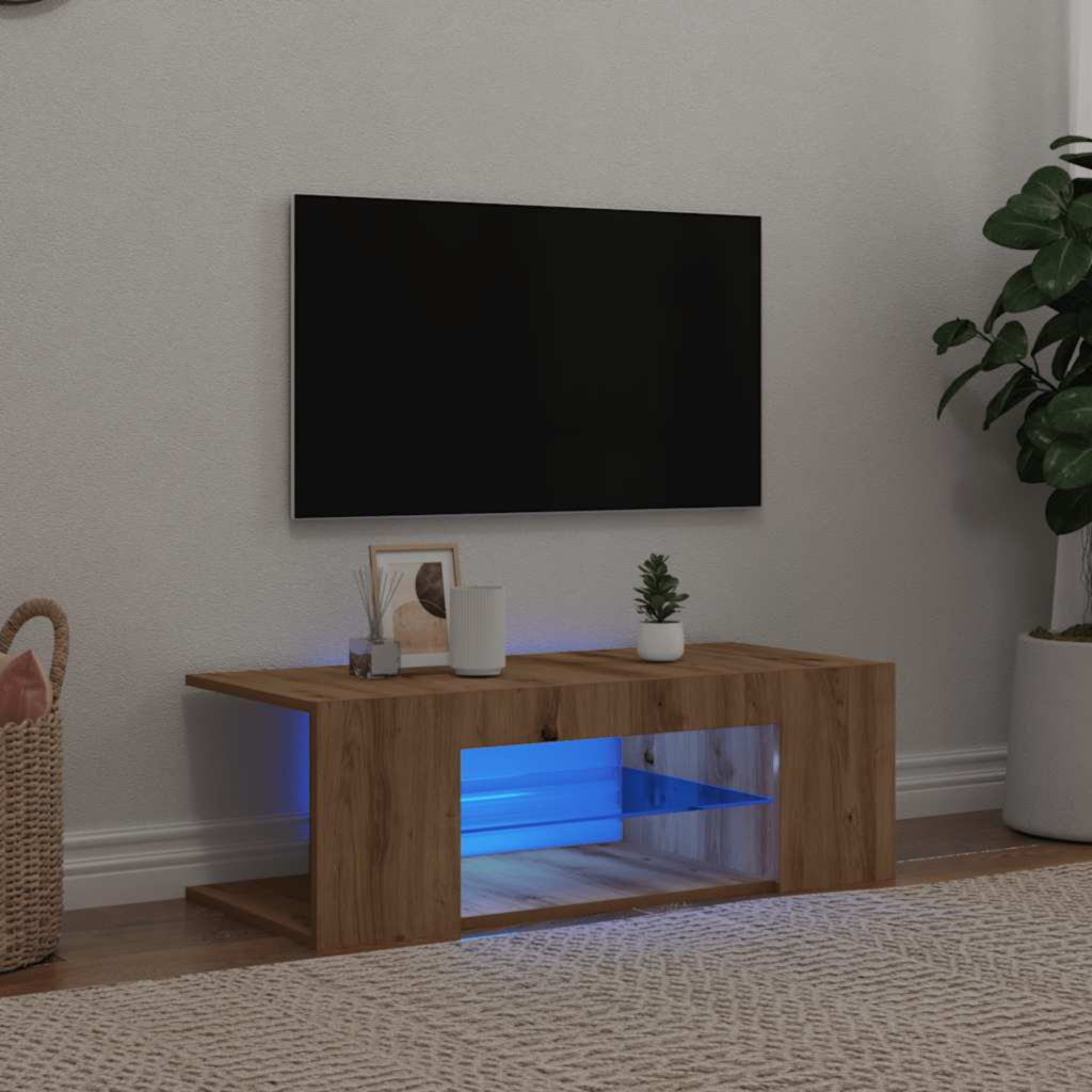 Modern Artisan oak TV Cabinet with RGB LED Lights – Sleek Media Console ...